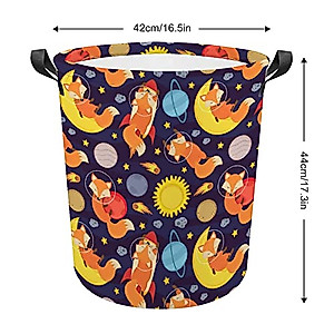 Cute Fox in Space Laundry Hamper Round Canvas Fabric Baskets with Handles Waterproof Collapsible Washing Bin Clothes Bag