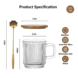 HUAHANGNA Vintage Coffee Glass Mugs for Beverage - Ribbed Short Latte Cups Set of 4, Clear Tea Cup with Bamboo Lid and Spoon, Dessert, Pudding, Ice Cream, Yogurt, Cappuccino, Espresso cup