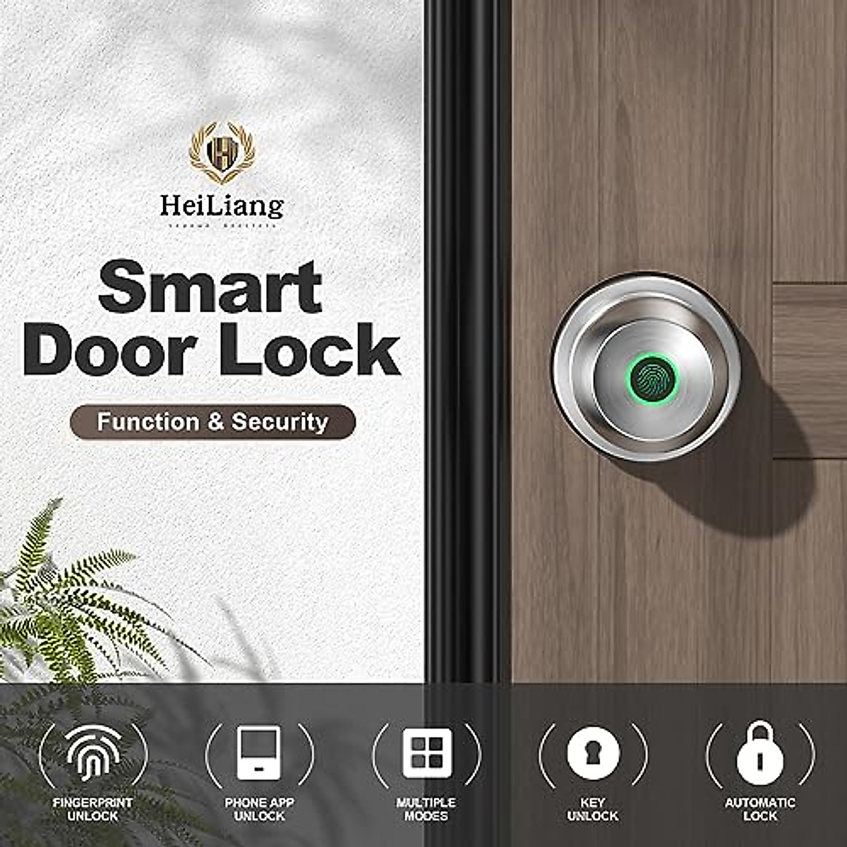 HEI LIANG Fingerprint Door Lock Smart Door Knob, Biometric Door Lock Smart Lock Fingerprint Door knob with App Control, Suitable for Bedrooms,Cloakroom,Apartments Offices,Hotels (Satin Nickel)