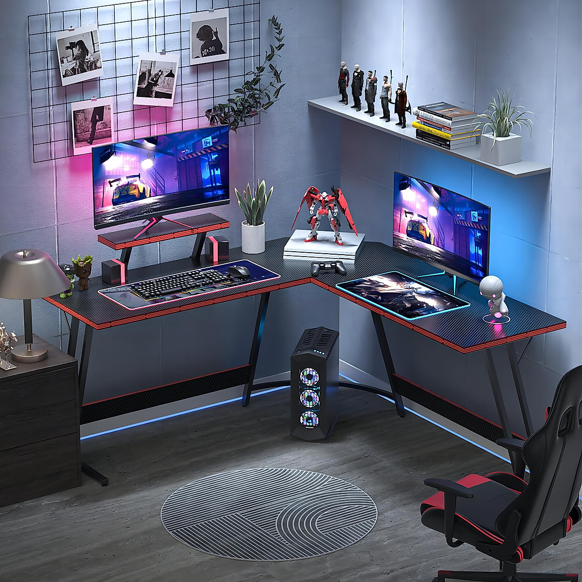 Shahoo L Shaped Gaming Desk, 51 Inch Computer Corner Table with Large Monitor Stand & Carbon Fiber Surface for Home Office Study Writing Workstation, Black