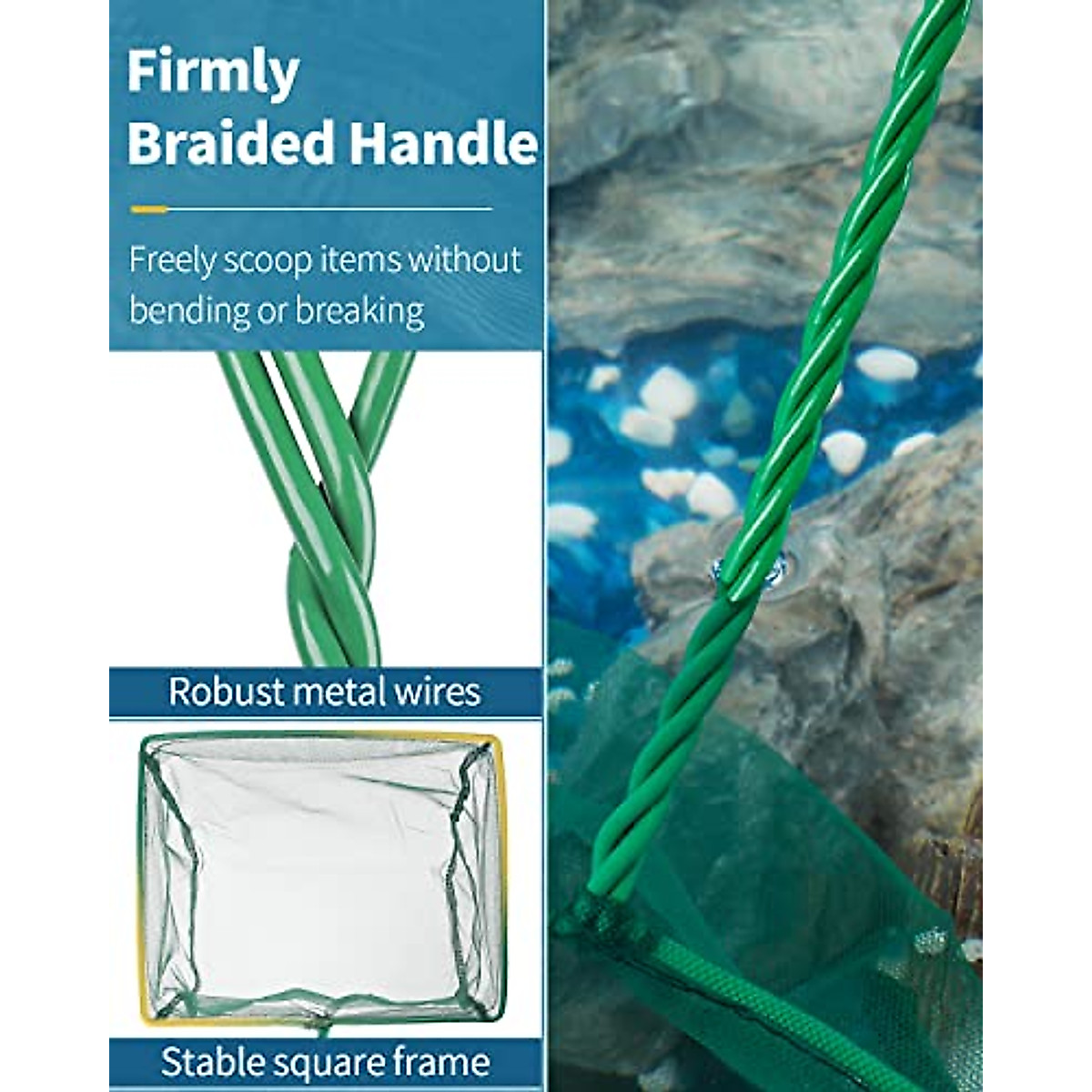 Pawfly 8 Inch Aquarium Fish Net with Braided Metal Handle Square Net with Soft Fine Mesh Sludge Food Residue Wastes Skimming Cleaning Net for Fish Tanks Small Koi Ponds and Pools