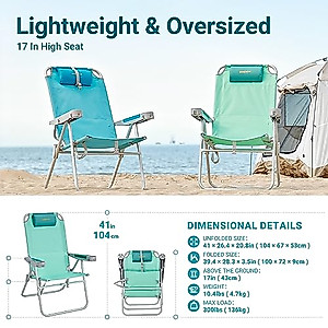 #WEJOY 17 in Oversized Beach Chair, 5 Adjustable Reclining Folding Backpack Beach Chairs for Adult, High Back Seat Chair with Bottle Opener,Handle Strap,Phone&Cup Holder for Camping Sand,300 Lbs