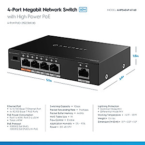 Amcrest 5-Port POE+ Switch (4-Port POE+) Metal Housing, POE 802.3af/at 60W (AMPS4E4P-AT-60)