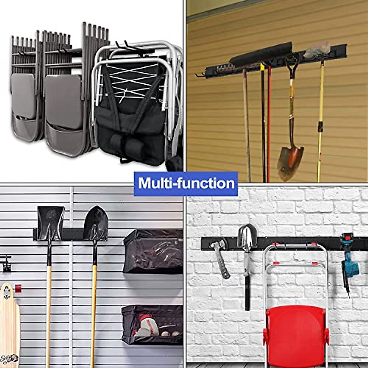 Garage Tool Storage Rack, Heavy Duty Wall Mounted Tools Organizer, Steel Garden Tool Storage System, Shovel Holder Organization Hanger with 6 Double-Hooks, 49.5inch Tracks Max Load 300lbs