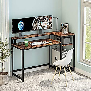 Tribesigns Computer Desk with Storage Shelves & Monitor Stand, PC Study Writing Desk, Industrial, Wood and Steel Frame, Workstations for Home Office