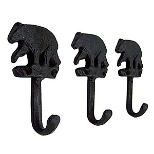 Rustic Black Bear Cast Iron Wall Hooks, Set of 3, 5 Inches