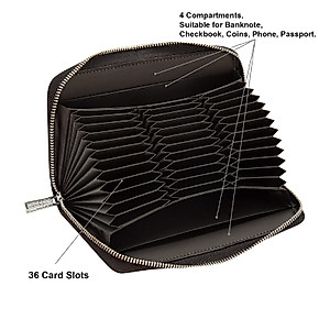 Tesucotus RFID Wallet Credit Card Holder Wallet Leather Wallet for Women with Zipper 36 Slots (Black)