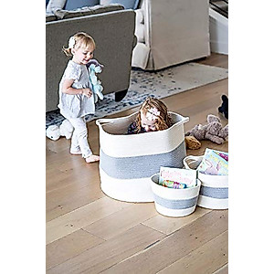 LITTLE HIPPO 3 Pcs Big Blanket Basket Living Room - (21"x16") Extra Large Rope Woven Baskets for Storage | 100% Natural Cotton Decorative Toy Basket with Handles | Boho Laundry Basket for Floor