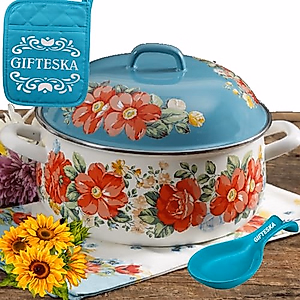 The Pioneer Woman 6.4-Quart Enamel on Steel Dutch Oven with Lid bundle with Spoon Rest and Pot Holder Turquoise Kitchen Gadgets Gift Set (TOTAL 4 PC) The Pioneer Woman Vintage Floral Kitchen Gift Sets for Women