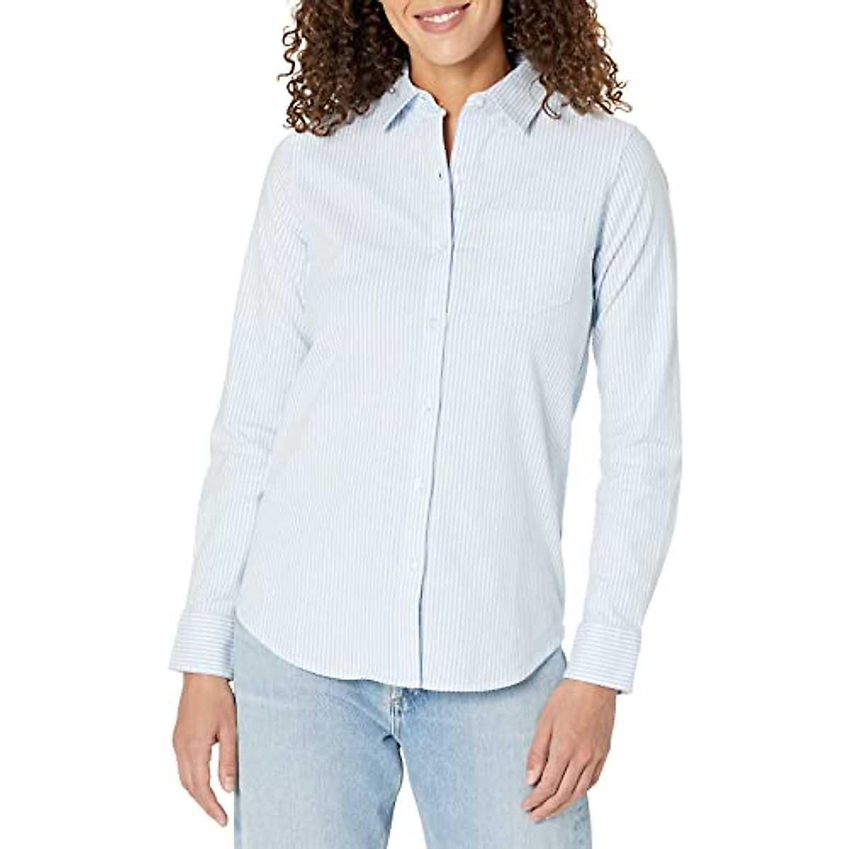 Amazon Essentials Women's Long Sleeve Button Down Stretch Oxford Shirt (Available in Plus Size), Blue/White/Stripe, Large