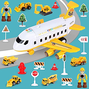 25 Pack Transport Construction Airplane Toy Play Vehicles Set for Kids Gifts, with 6 Construction Die-cast Toy Truck, 11 Road Signs-Suitable for 3 4 5 6 Year Old Boys and Girls