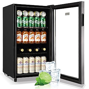 WANAI Beverage Refrigerator Cooler Mini Fridge Glass Door 125 Can Beer Fridge Drinks Wines Juice Soda Cooler 3 Adjustable Shelves Blue LED Lights Temp Control for Home Dorm Bar Office