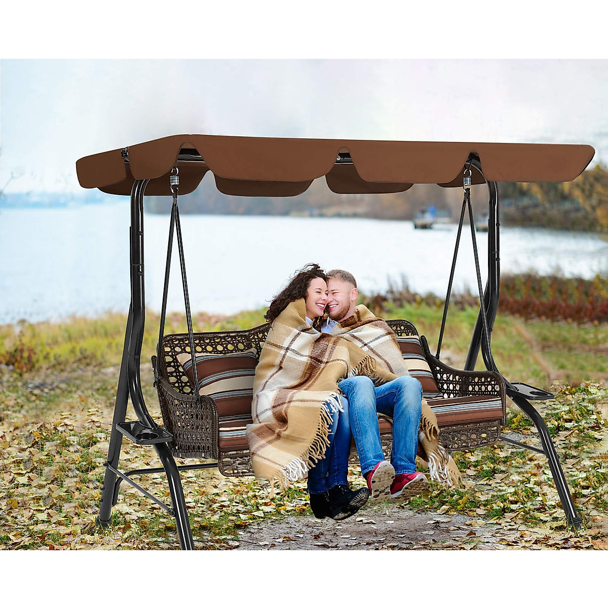 U-MAX 3-Seat Outdoor Patio Swing Chair, Large Converting Canopy Porch Swing Glider, Hammock Lounge Chair for Porch, Rattan Wicker Steel Frame Cushion & Pillow, Brown