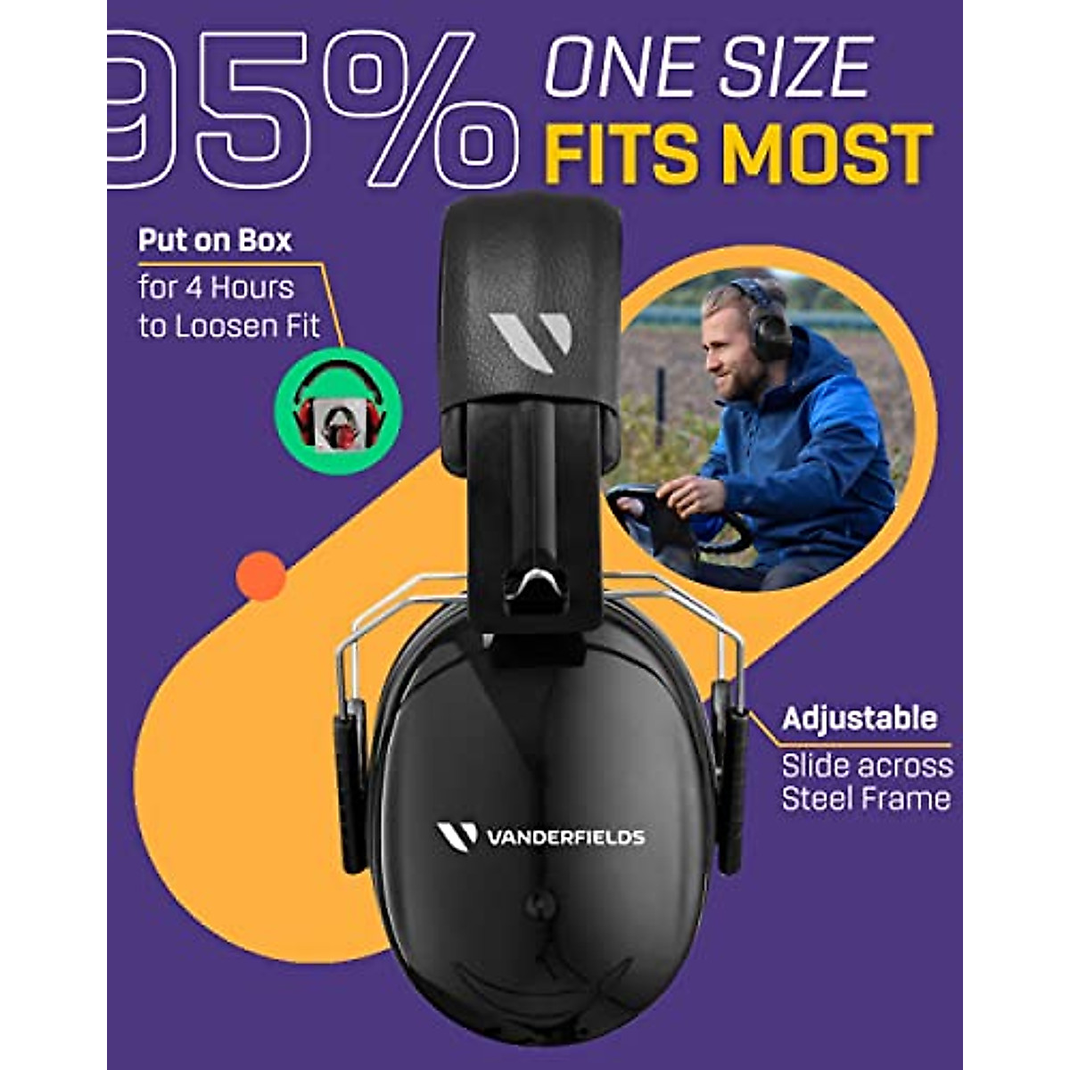 Vanderfields Ear Protection Earmuffs - Shooting Ear Muffs for Noise Cancelling - Passive Reduction for Safety Hearing - Adult Headphones for Lawn Mowing, DIY, Construction, Woodworking -Midnight Black