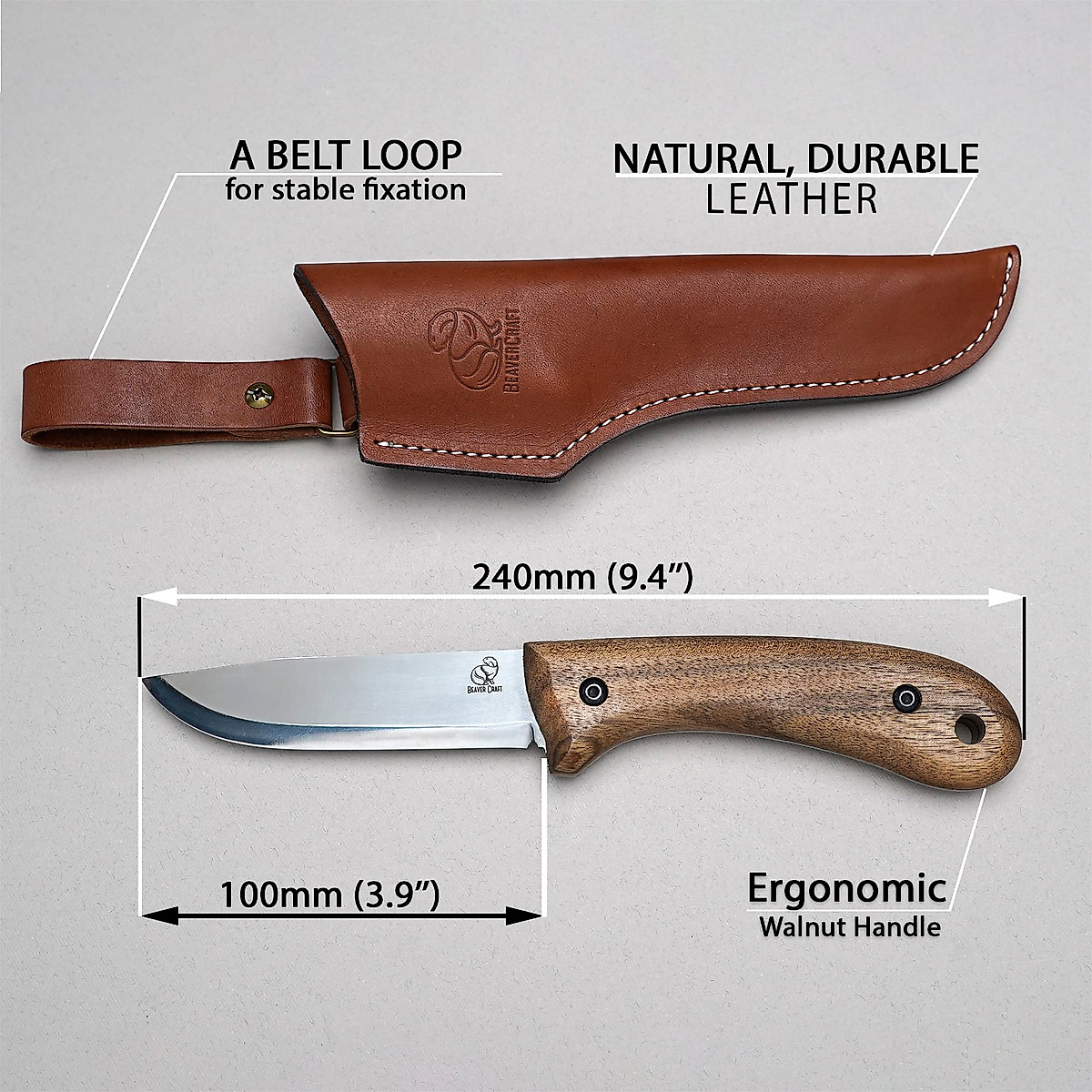 BeaverCraft BSH2 Bushcraft Knife Steel Blade – Fixed Blade Knife – Camping Knife Survival Knife Full Tang – Hiking Knife for Every Task – Camp Knife with Sheath