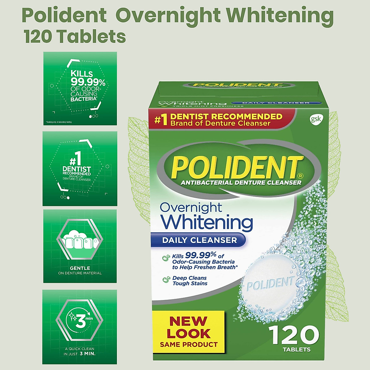 Polident Overnight Whitening 120 Tablets Easily Remove Stains Plaque Bundle With Dentu-Care Denture Brush Specifically Designed To Gently Clean Full Partial Dentures
