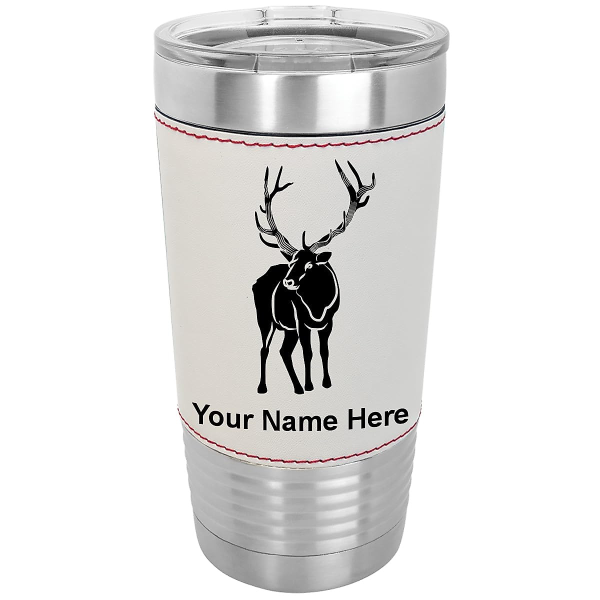 LaserGram 20oz Vacuum Insulated Tumbler Mug, Elk, Personalized Engraving Included (Faux Leather, Baseball Style)
