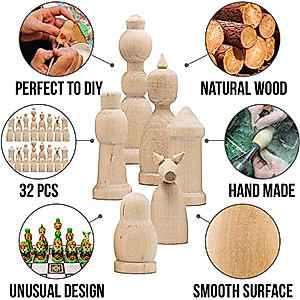 Unfinished Wood Chess Pieces Only Set of 32 pcs - Paint Your Own Chess Set - Blank Chess Sets for DIY- Wooden Peg Dolls Unfinished for Arts and Crafts
