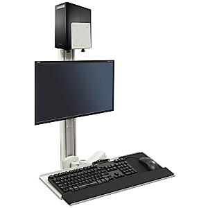 Displays2go Wall Mounted Computer Station, Monitor Mount, CPU Holder, Adjustable Arms (DWSSW01WT)