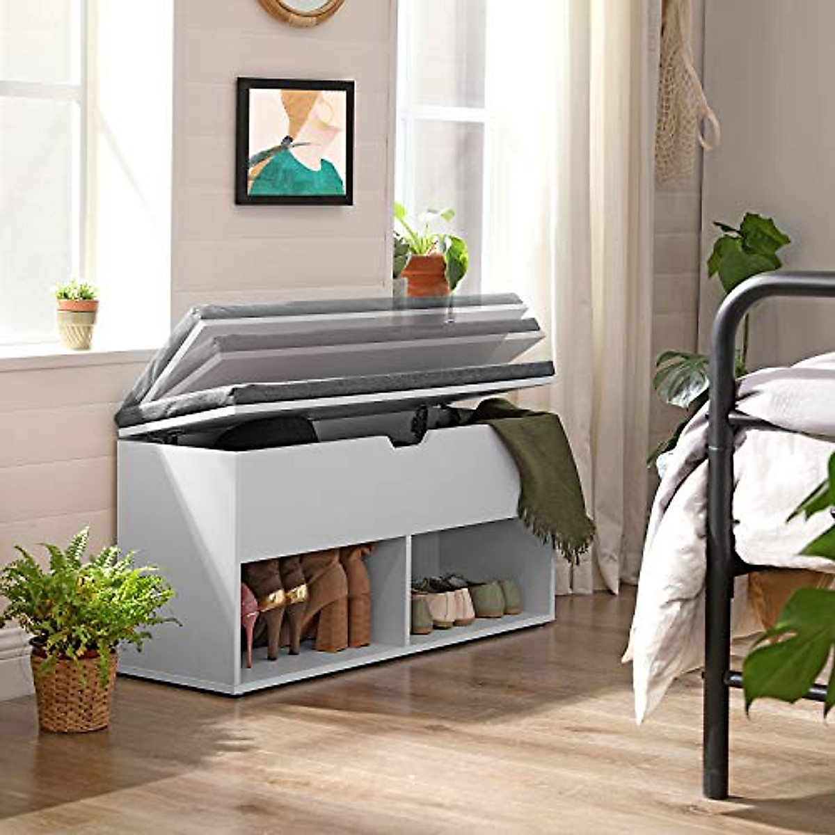 VASAGLE Shoe Bench, Storage Bench with 2 Open and 1 Closed Compartments, Shoe Shelf, Padded Seat, for Entryway, Living Room, Bedroom, White and Gray LHS021W01