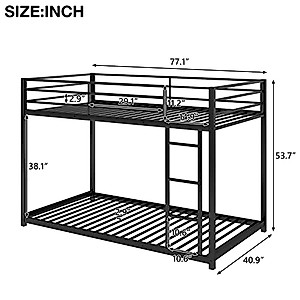 Twin Over Twin Metal Bunk Bed Frame with Safety Guard Rail and Ladder, Space-Saving, No Box Spring Needed, Noise Free (Black)