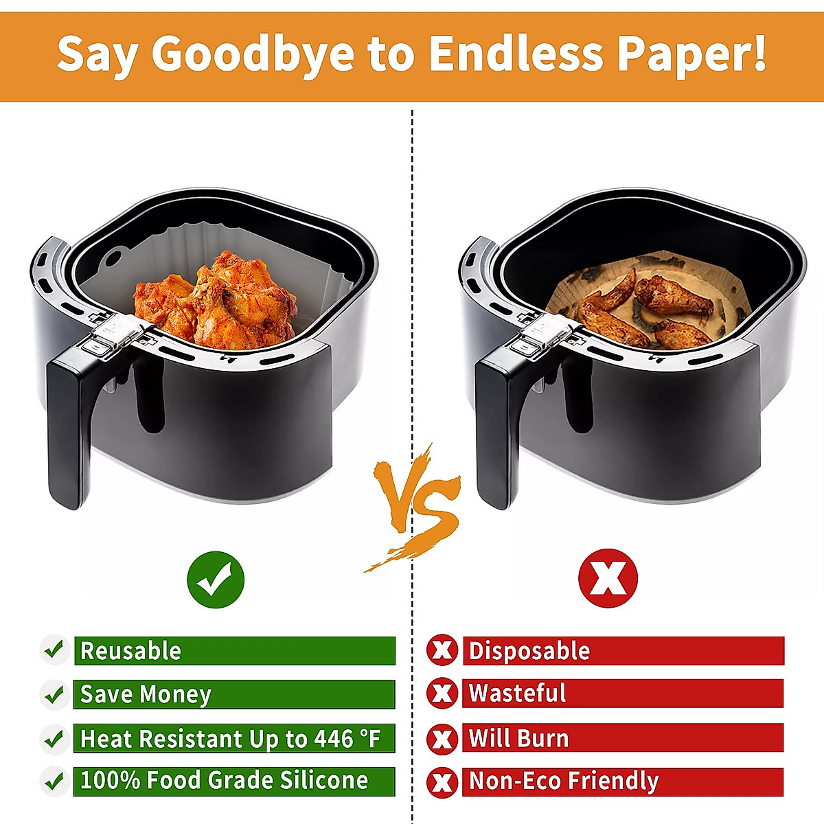 OUTXE 2-Pack Square Silicone Air Fryer Liners 8 inch for 4 to 7 QT, OUTXE 2-Pack Dual Air fryer Silicone Liners for 8 to 10 QT Ninja DZ201/ DZ401