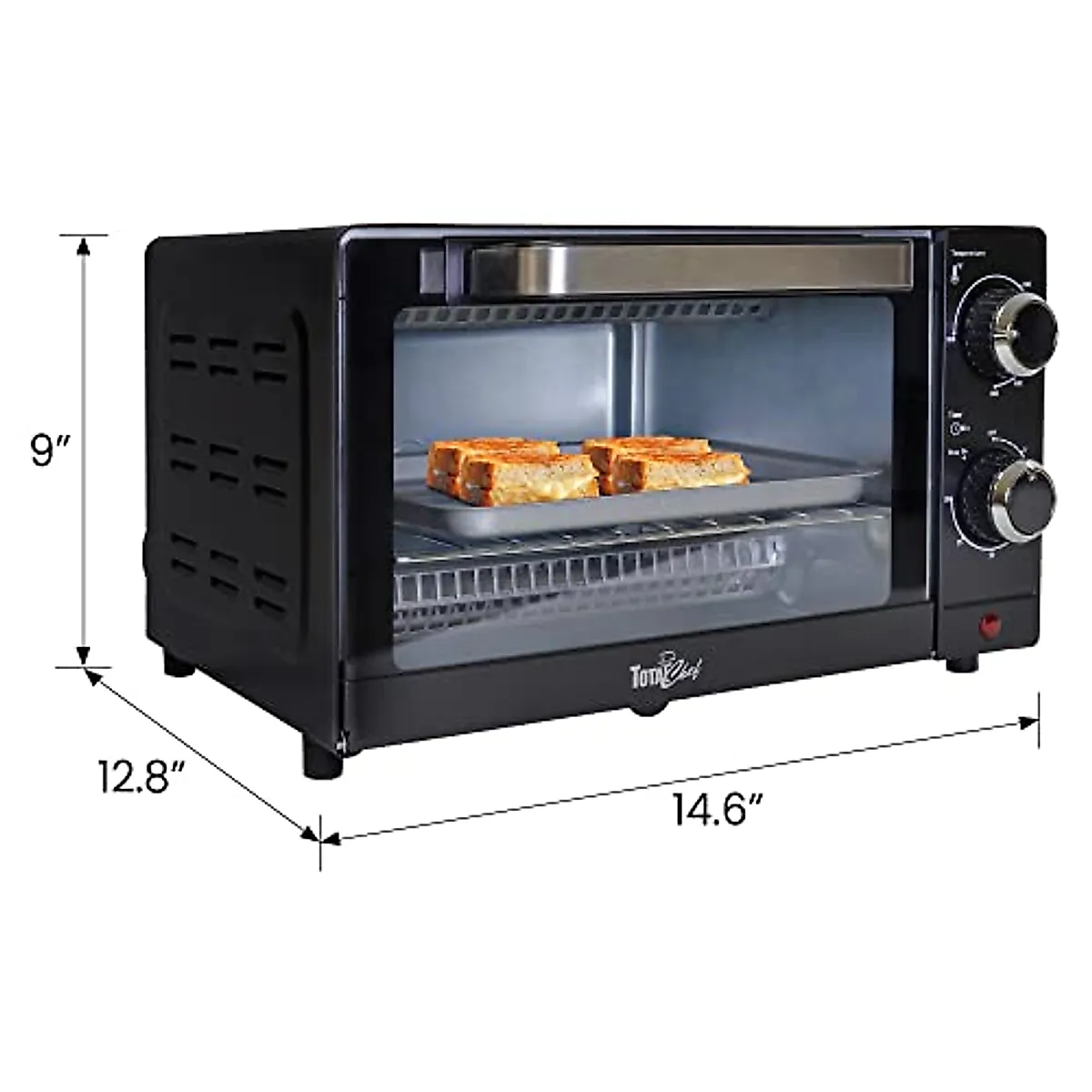 Total Chef 4-Slice Toaster Oven, 1000W, Black Compact Countertop Oven with Natural Convection, Temperature Control Dial, 30 Minute Timer, Bake, Toast, Roast, Includes Baking Pan and Toasting Rack