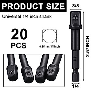 20 Pieces 3/8 inch Impact Adapter Square Socket Bit Adapter Hex Impact Socket for Drills Extension Socket Driver Bits Impact Socket Adapter for Automotive DIY-1/4 Hex Shank (Black)
