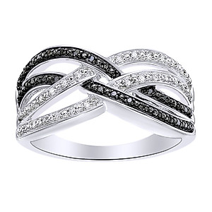 Black & White Natural Diamond Cross-over Ring In 14k White Gold Over Sterling Silver (0.15 Cttw) Ring Size-7.5