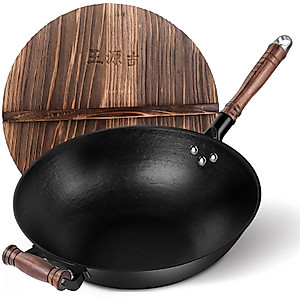 WANGYUANJI Cast Iron Wok Pan 14.2" Large Wok Stir Fry Pan Flat Bottom Wok with Lid and Wood Handle,Suitable for All Cooktops, Uncoated Craft Wok Healthy Cooking Wok-Practical Gift