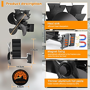 DTNESS Magnetic 4 Blades Heat Powered Stove Fan, Wood Stove Fan with Thermometer and Adjustable Clip, Silent Chimney Fireplace Fan, Hanging Log Burner Stove Fan