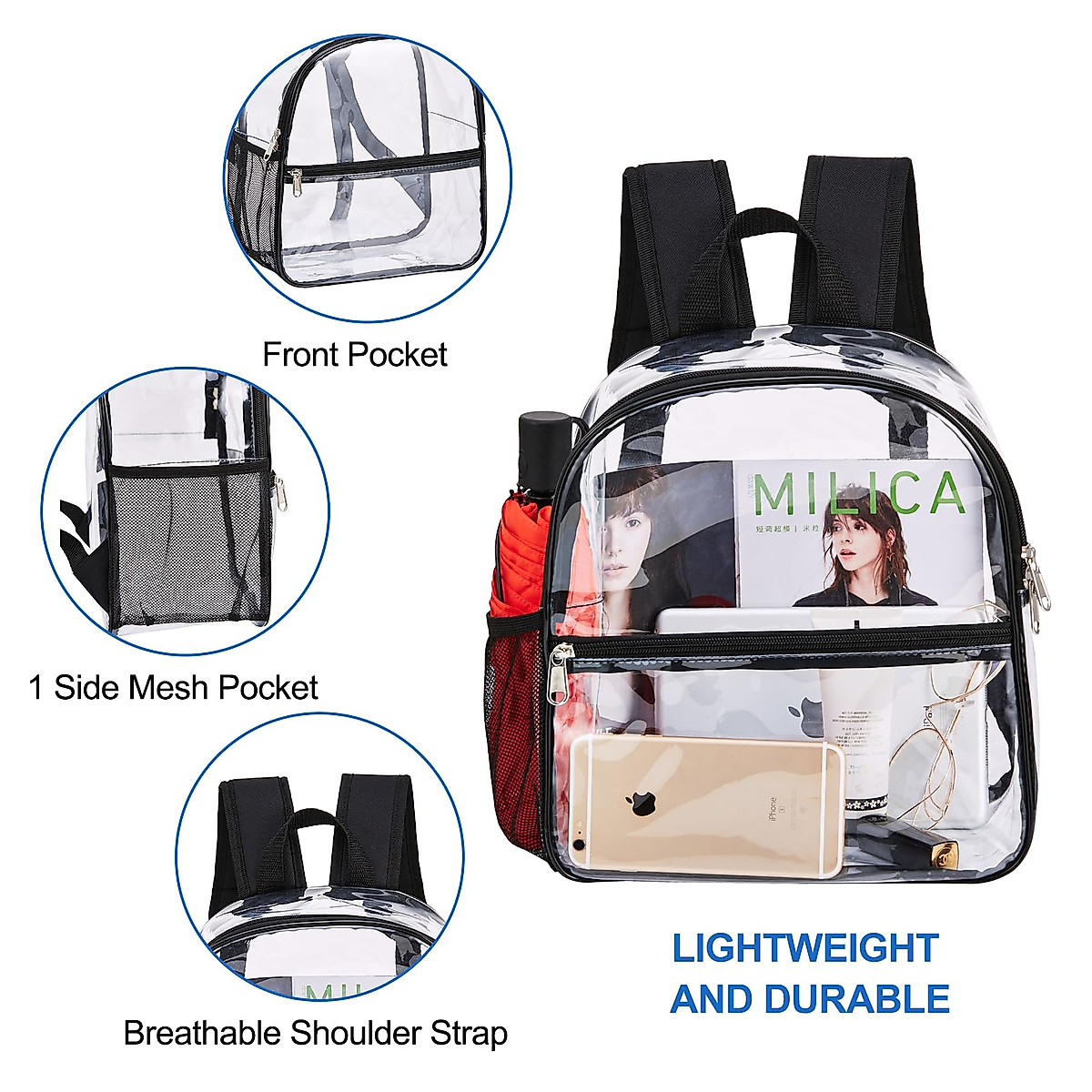 USPECLARE Clear Small Backpack Stadium Approved, Water proof Transparent Backpack for Work & Sport Event… (black)…