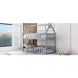 Harper & Bright Designs Twin Over Twin House Bunk Bed Frame for Boys Girls Kids Adults Toddler with Fence and Door, Gray