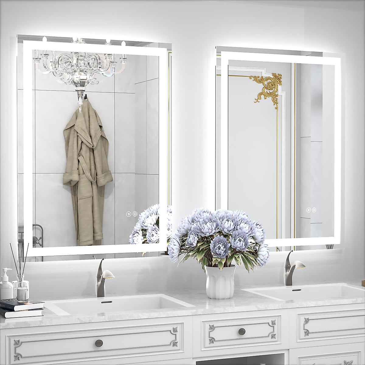 JSneijder 2-Piece(Frameless+Framed) LED Bathroom Mirror, 28x36 Inch, Bathroom Vanity Mirror with Lights, Wall Mounted Dimmable Anti-Fog Lighted Wall Mirror for Bedroom