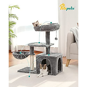 PETEPELA Cat Tree for Small Indoor Cats, Plush Cat Tower with Large Cat Condo, Deep Hammock and Sisal Cat Scratching Post for Kittens