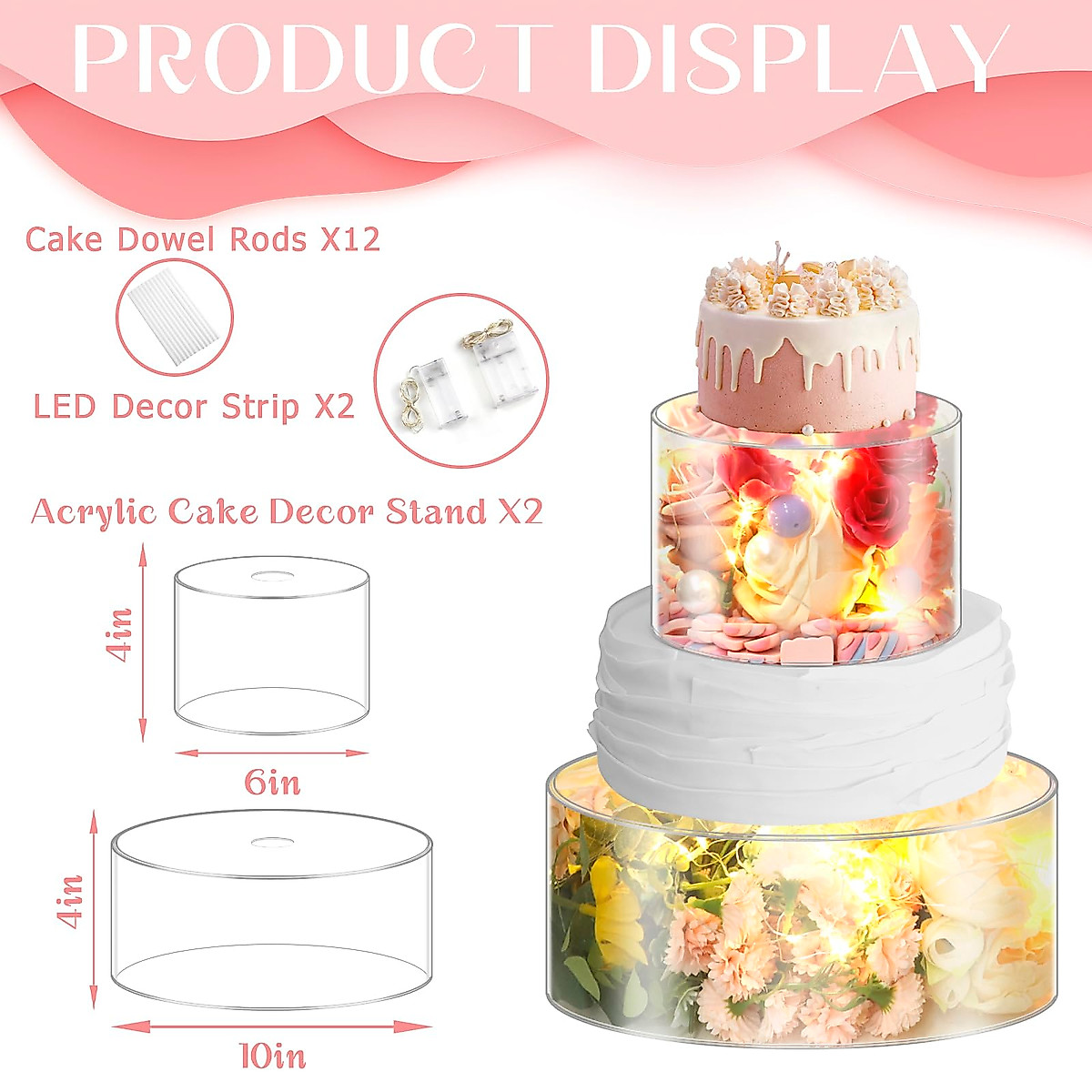 ALEXPRE 2PCS Clear Acrylic Wedding Cake Stand, Fillable Cake Box with Lid, LED Lights, 6 & 10 Inch, 3M LED Lights