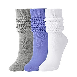 JOCMIC Slouch Socks for Woman 3 Pairs Women Scrunch Socks Extra Long Knee High Slouchy Socks Size 6-11 Grey+Blue+White