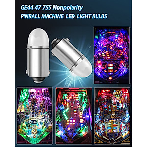 Keiurot GE44 47 756 755 Bulb for Pinball Machine Light Bulb 1893 1895 1847 Bulb BA9S DC 6.3V 6V Led Bulbs, White 10Pack