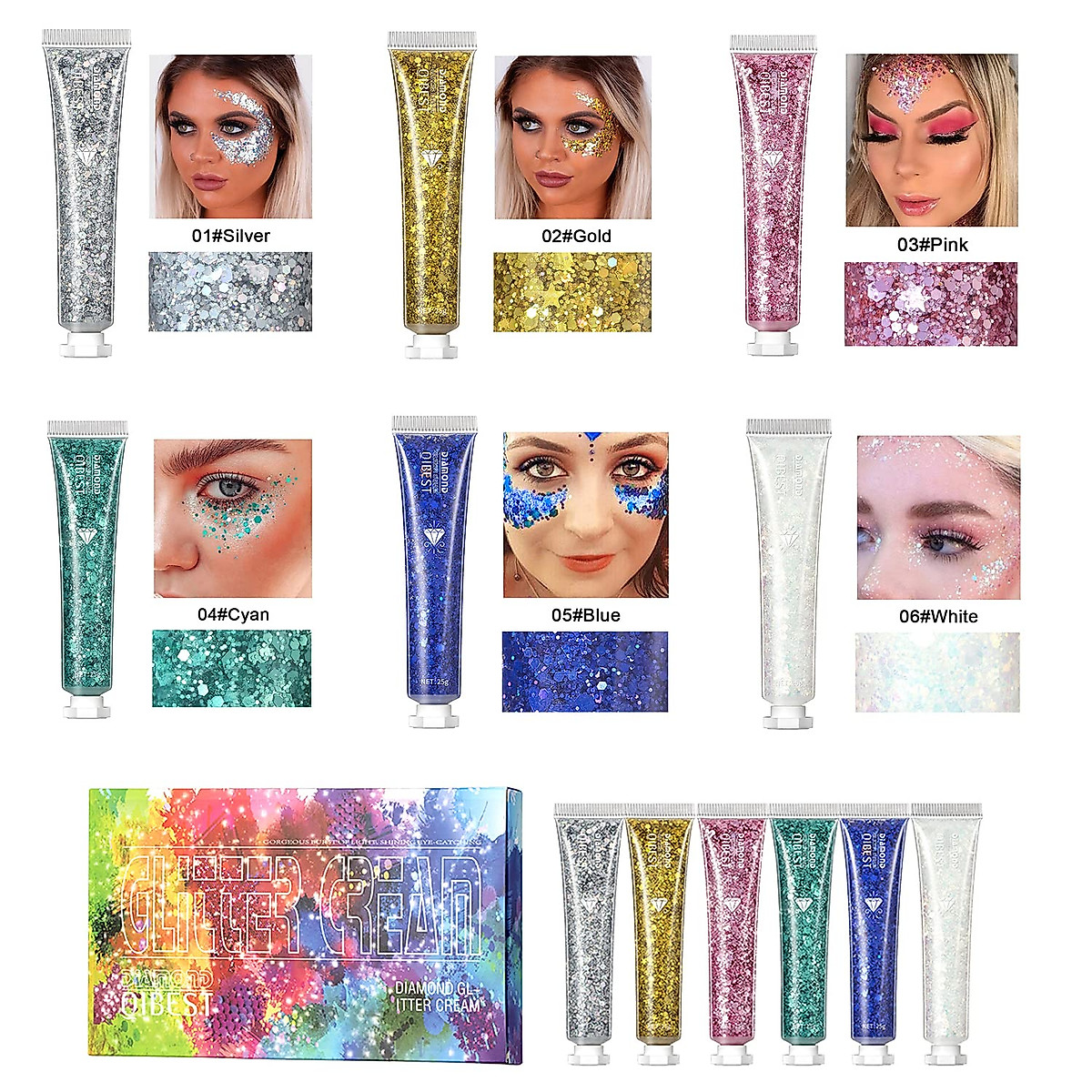 6 Colors Face Body Glitter Gel Set, Shimmer Chunky Glitters Cream for Eyes Hair Nails Makeup, Long Lasting Sparkling Mermaid Holographic Sequins Paste for Festival Art Party Halloween Makeup Gift Kit