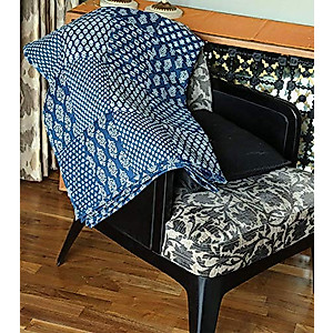 Quilted Blue Patchwork Cotton Throw Blanket Indian Decorative Super Soft Warm Blanket for Sofa Couch 50 x 60 Inches