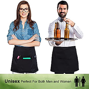 RUVANTI 6 Pack Server Aprons with 3 Pockets - Waitress Waiter Waist Apron, Half Apron with Long Waist Strap, Waitress Apron for Women and Man - Black Short Aprons