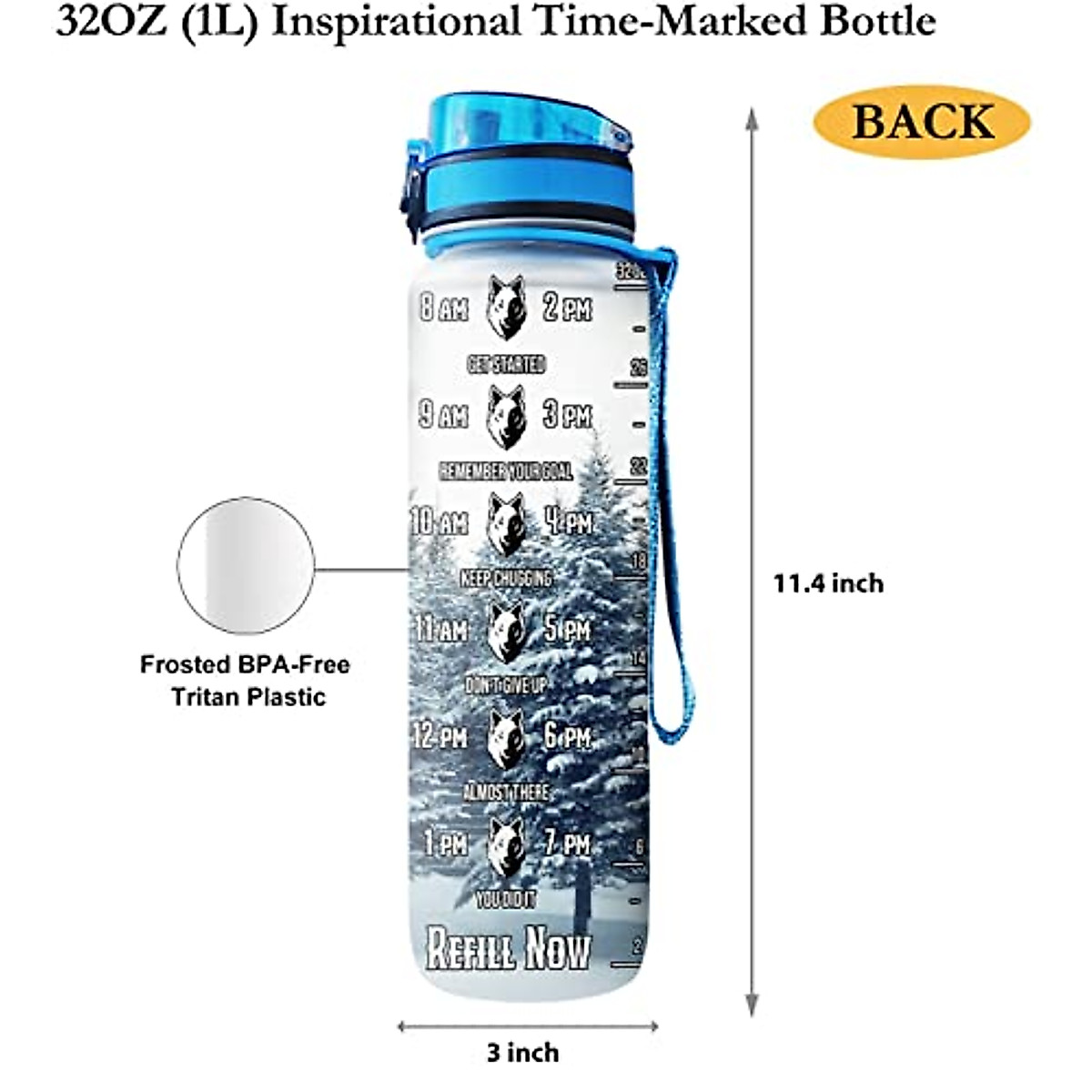 64HYDRO 32oz 1Liter Motivational Water Bottle with Time Marker & Removable Strainer, Water Tracker Bottles, Snow Wolf Water Bottles with Times to Drink, Cool Unique Inspirational Gifts for Men, Women