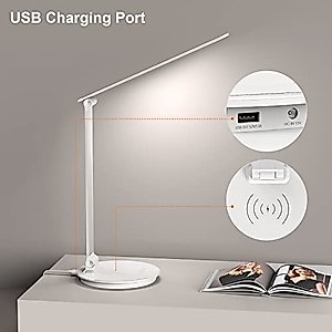 Vansuny LED Desk Lamp with Wireless Charger USB Charging Port Touch Control Dimmable Office Lamp 1h Timer 5 Color Modes 6 Brightness Levels Eye-Caring Table Lamp for Home Office Bedroom White