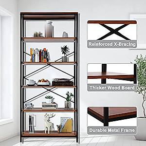 6 Tier Industrial Bookshelf 71" Tall Open Bookshelves and Bookcases Vintage Standing Storage Shelf Freestanding Display Shelf for Living Room Bedroom-Black Metal Frame & Wood(US Stock)