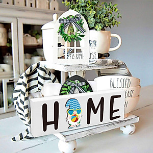 Yaaaaasss! Easter Interchangeable Home Love Sign, Seasonal Holiday Wood Decor with 12 PCS Magnet Gnome Pieces Spring Tiered Tray Decoration Double-Sided Gnome for Shelf Kitchen Housewarming Gift