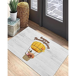 Savannan Floor Mats,Happy Thanksgiving Cartoon Turkey in Pumpkin Shaped Hot Air Balloon Wooden Non Slip Latex Backing Ultrathin Loop Pile Door Rugs for Dining Room Office Home Decor 24"x32"