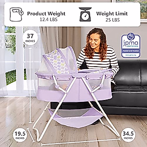 Dream On Me Karley Bassinet in Periwinkle, Lightweight Portable Baby Bassinet, Quick Fold and Easy to Carry , Adjustable Double Canopy, Indoor and Outdoor Bassinet with Large Storage Basket.