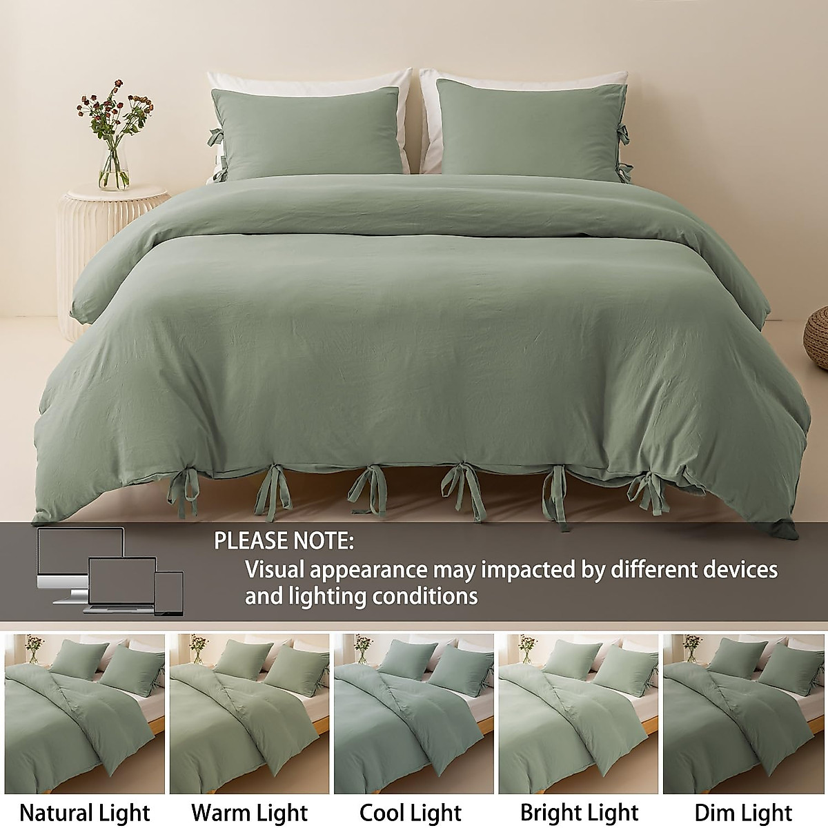 MUKKA Sage Green Duvet Cover Set Queen Size with Bowknot Closure 3 Pieces Washed Microfiber Duvets Set Boho Style for Girl Men Women