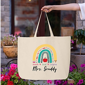 shop4ever Custom Personalized Teacher Teach Love Inspire Rainbow Jumbo Heavy Canvas Tote Reusable Shopping Bag 10 oz Natural 1 Pack