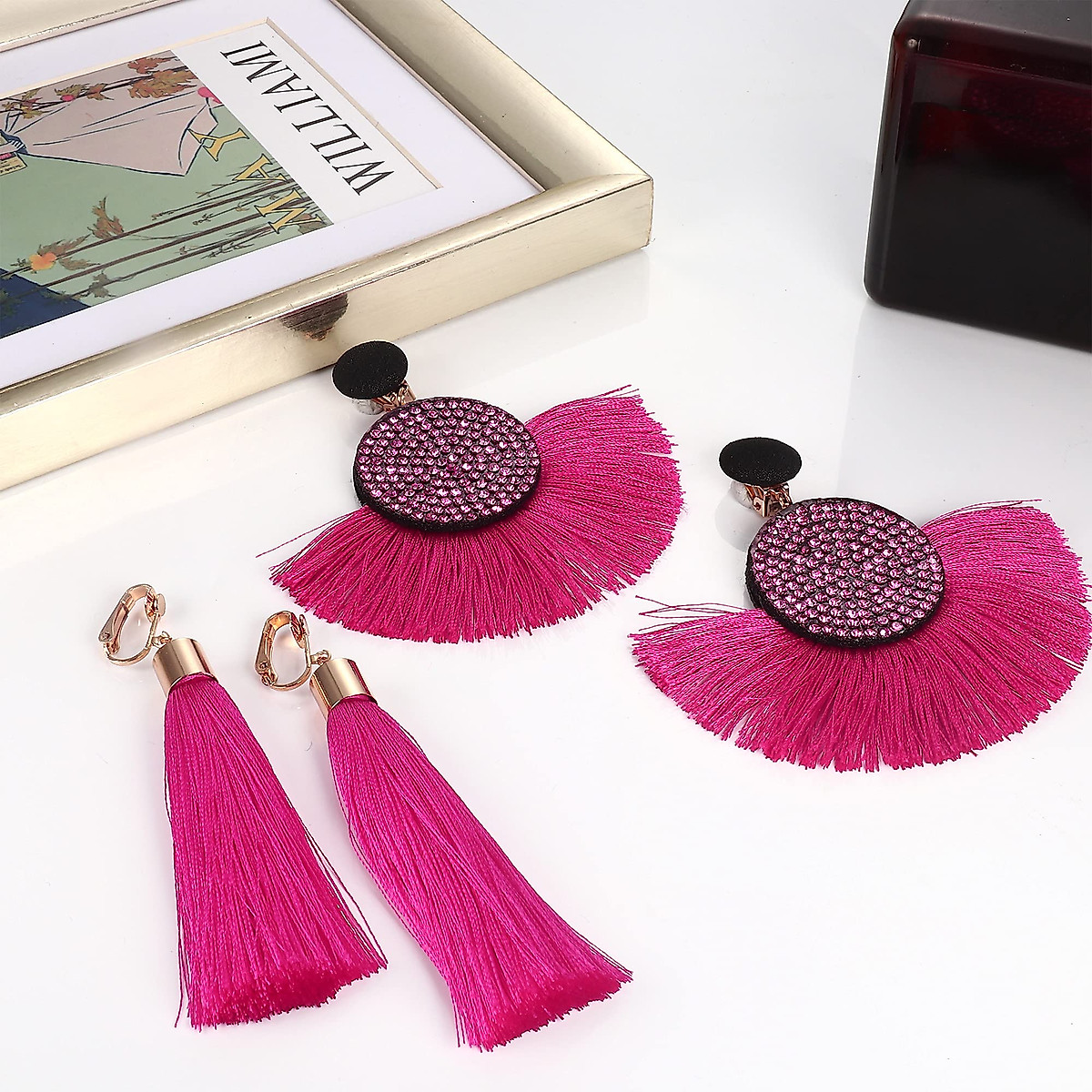 Udalyn 4 Pairs Tassel Earrings for Women Dangle Clip On Earrings Colorful Bohemian Tassel Earrings Statement Earrings Handmade Jewelry Non Piercing Earrings for Sensitive Ears